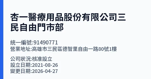 杏一醫療用品股份有限公司三民自由門市部的照片-統編 91490771(高雄市) 公司登記資料與營業項目詳細圖表
