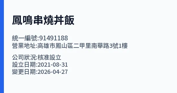 鳳鳴串燒丼飯的照片-統編 91491188(高雄市) 公司登記資料與營業項目詳細圖表