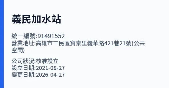 義民加水站的照片-統編 91491552(高雄市) 公司登記資料與營業項目詳細圖表