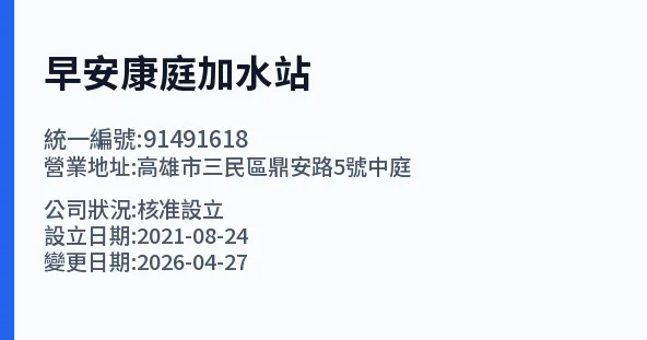 早安康庭加水站的照片-統編 91491618(高雄市) 公司登記資料與營業項目詳細圖表