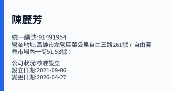 陳麗芳的照片-統編 91491954(高雄市) 公司登記資料與營業項目詳細圖表