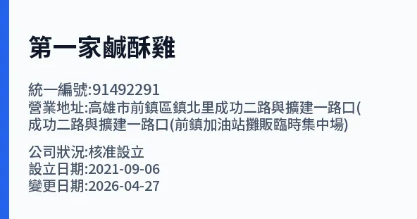 第一家鹹酥雞的照片-統編 91492291(高雄市) 公司登記資料與營業項目詳細圖表