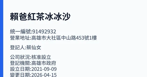 賴爸紅茶冰冰沙的照片-統編 91492932(高雄市) 公司登記資料與營業項目詳細圖表