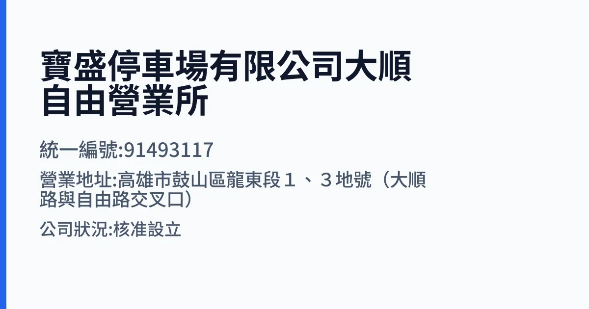 寶盛停車場有限公司大順自由營業所 - 統編 91493117(高雄市) 公司登記資料與營業項目詳細圖表