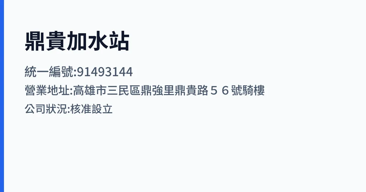 鼎貴加水站 - 統編 91493144(高雄市) 公司登記資料與營業項目詳細圖表