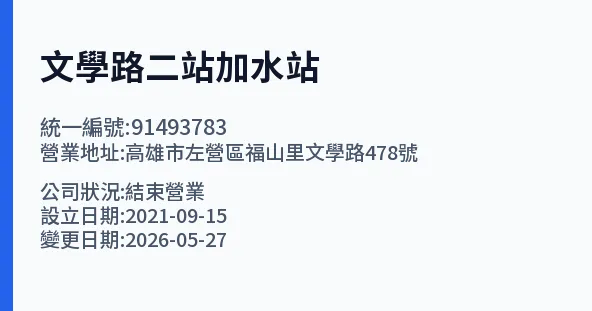 文學路二站加水站的照片-統編 91493783(高雄市) 公司登記資料與營業項目詳細圖表