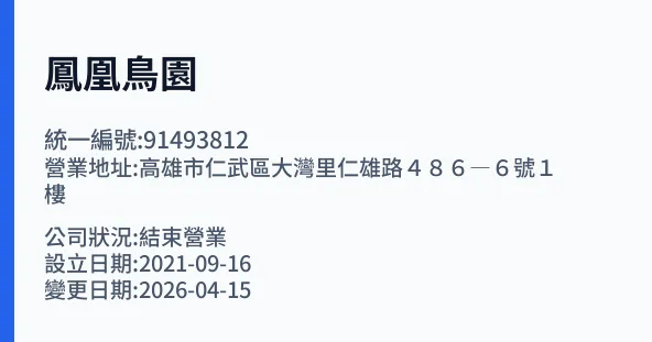 鳳凰鳥園的照片-統編 91493812(高雄市) 公司登記資料與營業項目詳細圖表