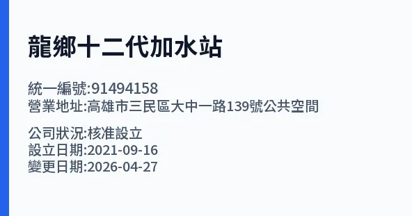 龍鄉十二代加水站的照片-統編 91494158(高雄市) 公司登記資料與營業項目詳細圖表