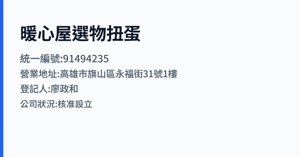 暖心屋選物扭蛋 - 統編 91494235(高雄市) 公司登記資料與營業項目詳細圖表