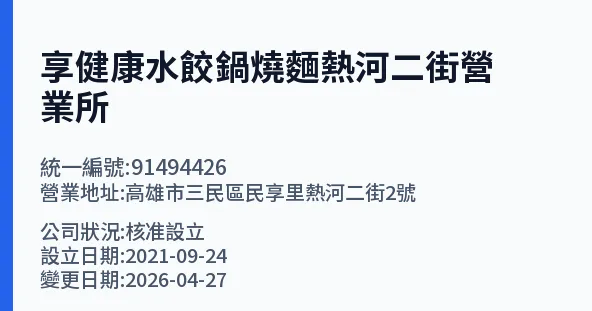 享健康水餃鍋燒麵熱河二街營業所的照片-統編 91494426(高雄市) 公司登記資料與營業項目詳細圖表