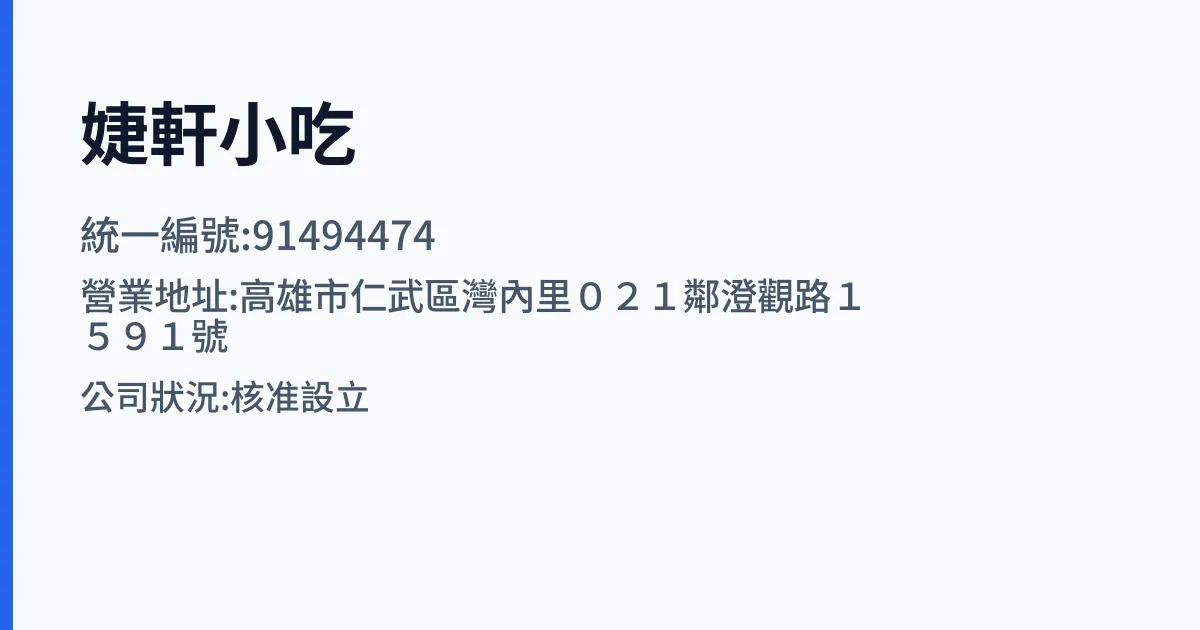 婕軒小吃 - 統編 91494474(高雄市) 公司登記資料與營業項目詳細圖表