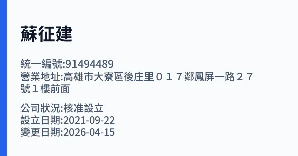 蘇征建的照片-統編 91494489(高雄市) 公司登記資料與營業項目詳細圖表