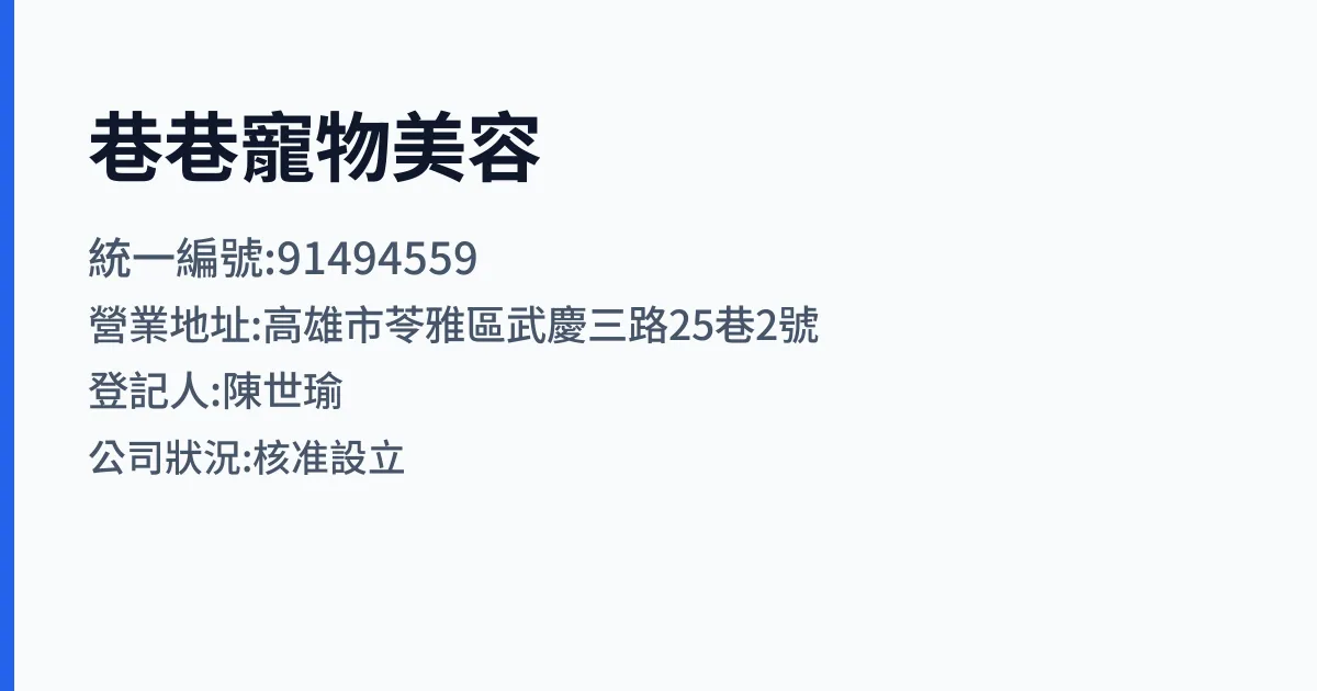 巷巷寵物美容 - 統編 91494559(高雄市) 公司登記資料與營業項目詳細圖表