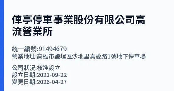 俥亭停車事業股份有限公司高流營業所的照片-統編 91494679(高雄市) 公司登記資料與營業項目詳細圖表