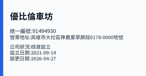 優比倫車坊的照片-統編 91494930(高雄市) 公司登記資料與營業項目詳細圖表