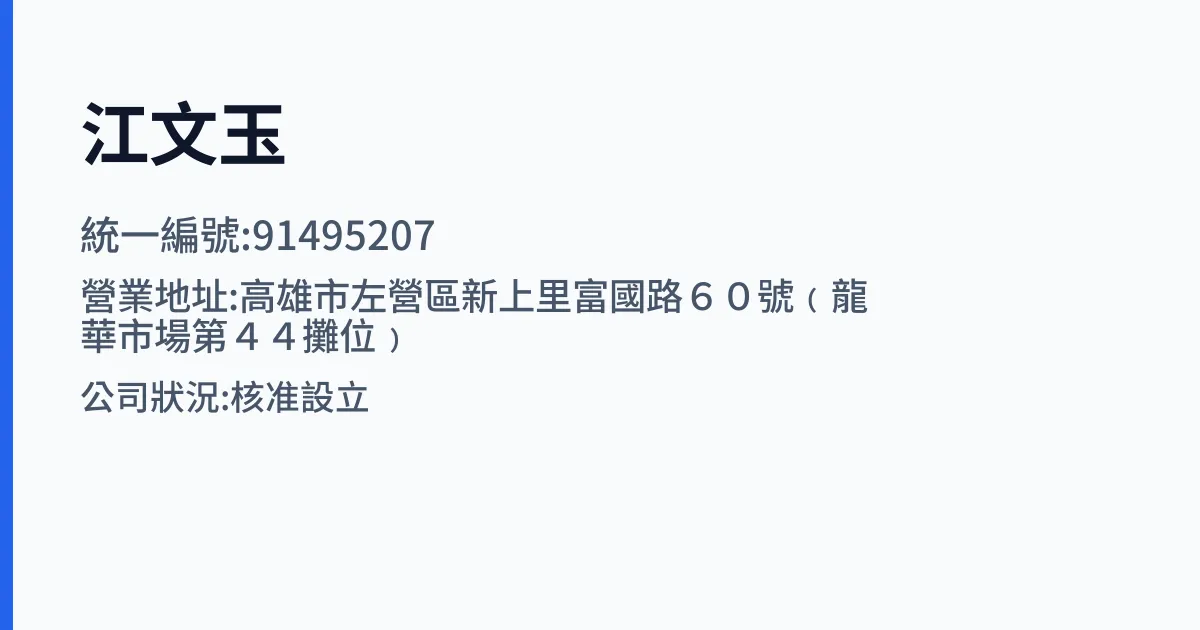 江文玉 - 統編 91495207(高雄市) 公司登記資料與營業項目詳細圖表