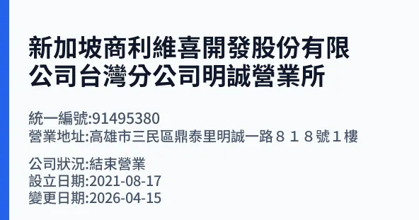新加坡商利維喜開發股份有限公司台灣分公司明誠營業所的照片-統編 91495380(高雄市) 公司登記資料與營業項目詳細圖表
