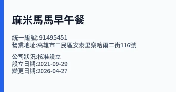 麻米馬馬早午餐的照片-統編 91495451(高雄市) 公司登記資料與營業項目詳細圖表