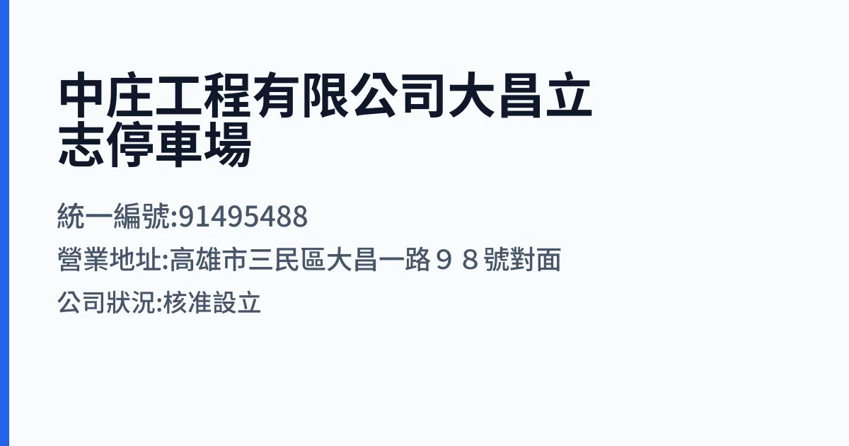 中庄工程有限公司大昌立志停車場 - 統編 91495488(高雄市) 公司登記資料與營業項目詳細圖表