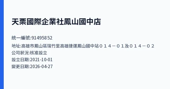 天栗國際企業社鳳山國中店的照片-統編 91495852(高雄市) 公司登記資料與營業項目詳細圖表