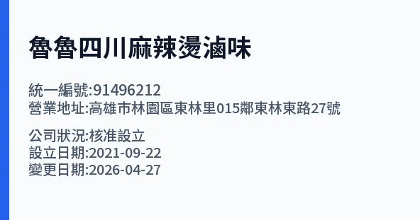 魯魯四川麻辣燙滷味的照片-統編 91496212(高雄市) 公司登記資料與營業項目詳細圖表