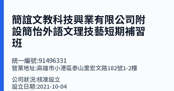 簡誼文教科技興業有限公司附設簡怡外語文理技藝短期補習班的照片-統編 91496331(高雄市) 公司登記資料與營業項目詳細圖表