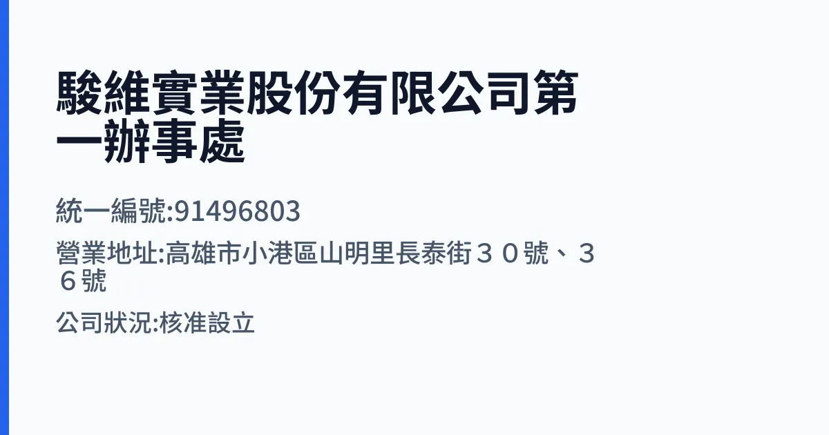 駿維實業股份有限公司第一辦事處 - 統編 91496803(高雄市) 公司登記資料與營業項目詳細圖表