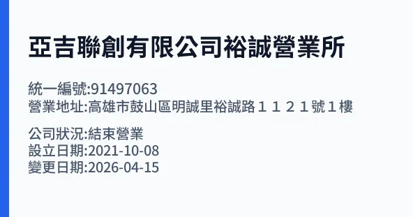 亞吉聯創有限公司裕誠營業所的照片-統編 91497063(高雄市) 公司登記資料與營業項目詳細圖表