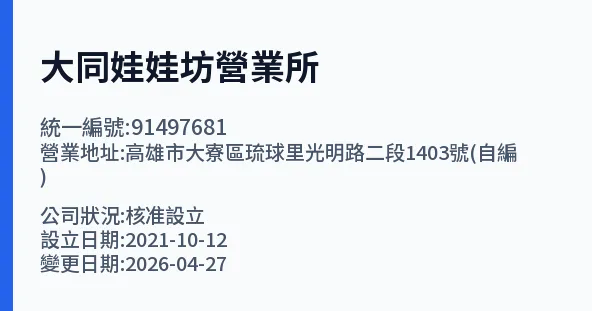 大同娃娃坊營業所的照片-統編 91497681(高雄市) 公司登記資料與營業項目詳細圖表