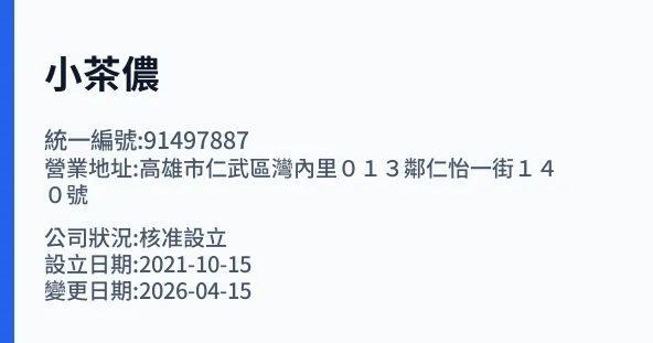 小茶儂的照片-統編 91497887(高雄市) 公司登記資料與營業項目詳細圖表