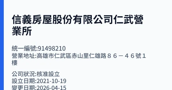 信義房屋股份有限公司仁武營業所的照片-統編 91498210(高雄市) 公司登記資料與營業項目詳細圖表