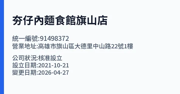 夯仔內麵食館旗山店的照片-統編 91498372(高雄市) 公司登記資料與營業項目詳細圖表