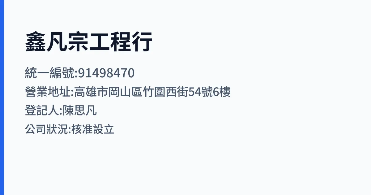 鑫凡宗工程行 - 統編 91498470(高雄市) 公司登記資料與營業項目詳細圖表