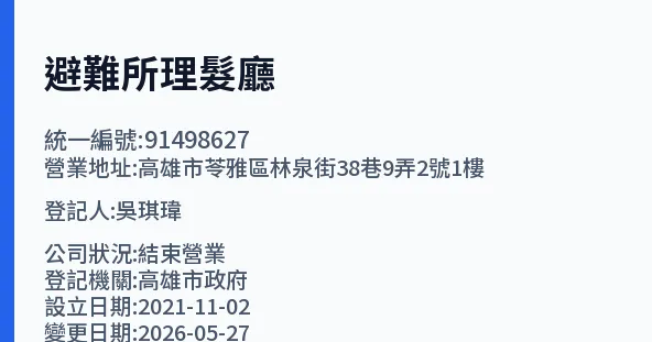 避難所理髮廳的照片-統編 91498627(高雄市) 公司登記資料與營業項目詳細圖表