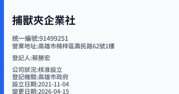 捕獸夾企業社的照片-統編 91499251(高雄市) 公司登記資料與營業項目詳細圖表