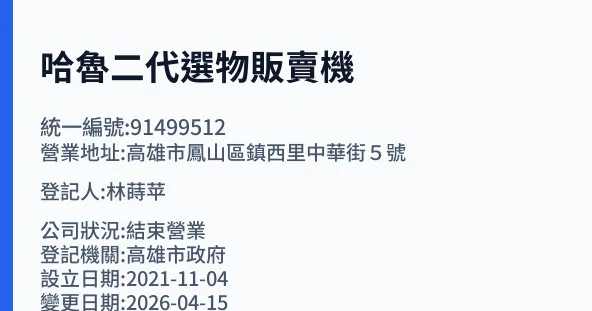 哈魯二代選物販賣機的照片-統編 91499512(高雄市) 公司登記資料與營業項目詳細圖表