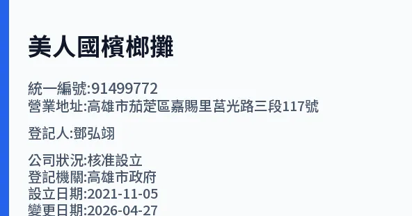 美人國檳榔攤的照片-統編 91499772(高雄市) 公司登記資料與營業項目詳細圖表