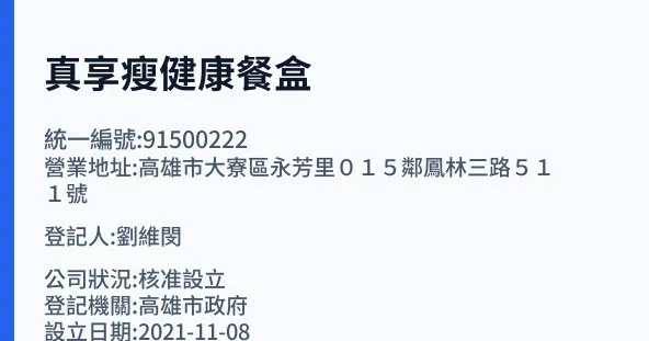 真享瘦健康餐盒的照片-統編 91500222(高雄市) 公司登記資料與營業項目詳細圖表