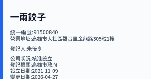 一兩餃子的照片-統編 91500840(高雄市) 公司登記資料與營業項目詳細圖表