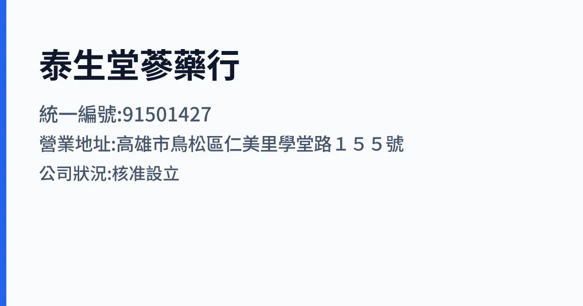 泰生堂蔘藥行 - 統編 91501427(高雄市) 公司登記資料與營業項目詳細圖表