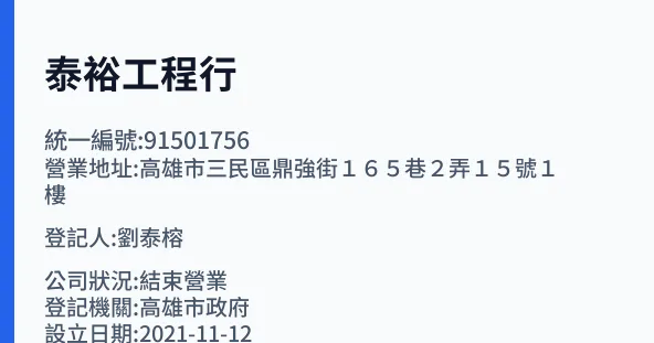 泰裕工程行的照片-統編 91501756(高雄市) 公司登記資料與營業項目詳細圖表