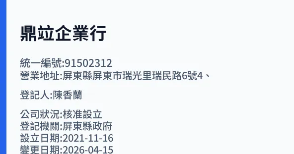 鼎竝企業行的照片-統編 91502312(屏東縣) 公司登記資料與營業項目詳細圖表