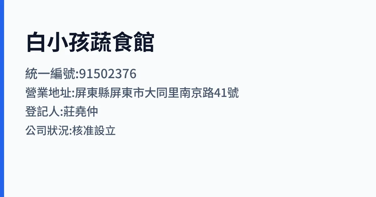 白小孩蔬食館 - 統編 91502376(屏東縣) 公司登記資料與營業項目詳細圖表