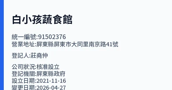 白小孩蔬食館的照片-統編 91502376(屏東縣) 公司登記資料與營業項目詳細圖表