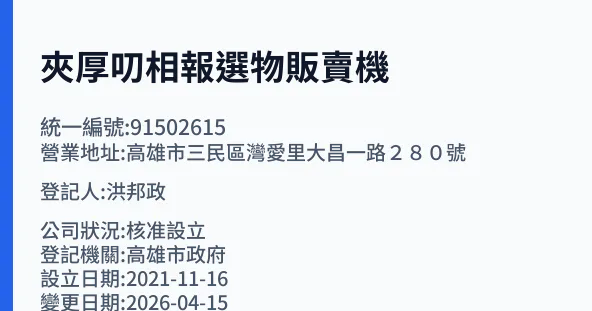 夾厚叨相報選物販賣機的照片-統編 91502615(高雄市) 公司登記資料與營業項目詳細圖表