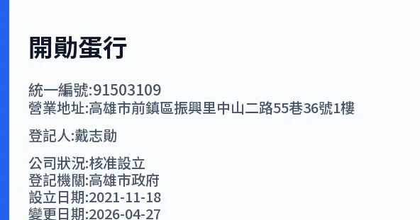 開勛蛋行的照片-統編 91503109(高雄市) 公司登記資料與營業項目詳細圖表