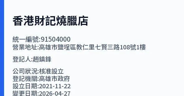香港財記燒臘店的照片-統編 91504000(高雄市) 公司登記資料與營業項目詳細圖表