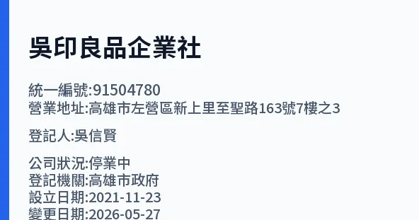 吳印良品企業社的照片-統編 91504780(高雄市) 公司登記資料與營業項目詳細圖表