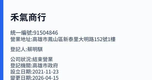 禾氣商行的照片-統編 91504846(高雄市) 公司登記資料與營業項目詳細圖表