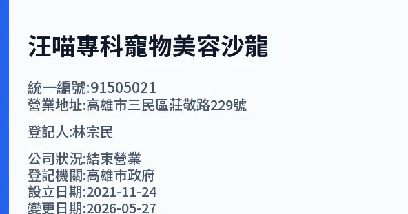 汪喵專科寵物美容沙龍的照片-統編 91505021(高雄市) 公司登記資料與營業項目詳細圖表